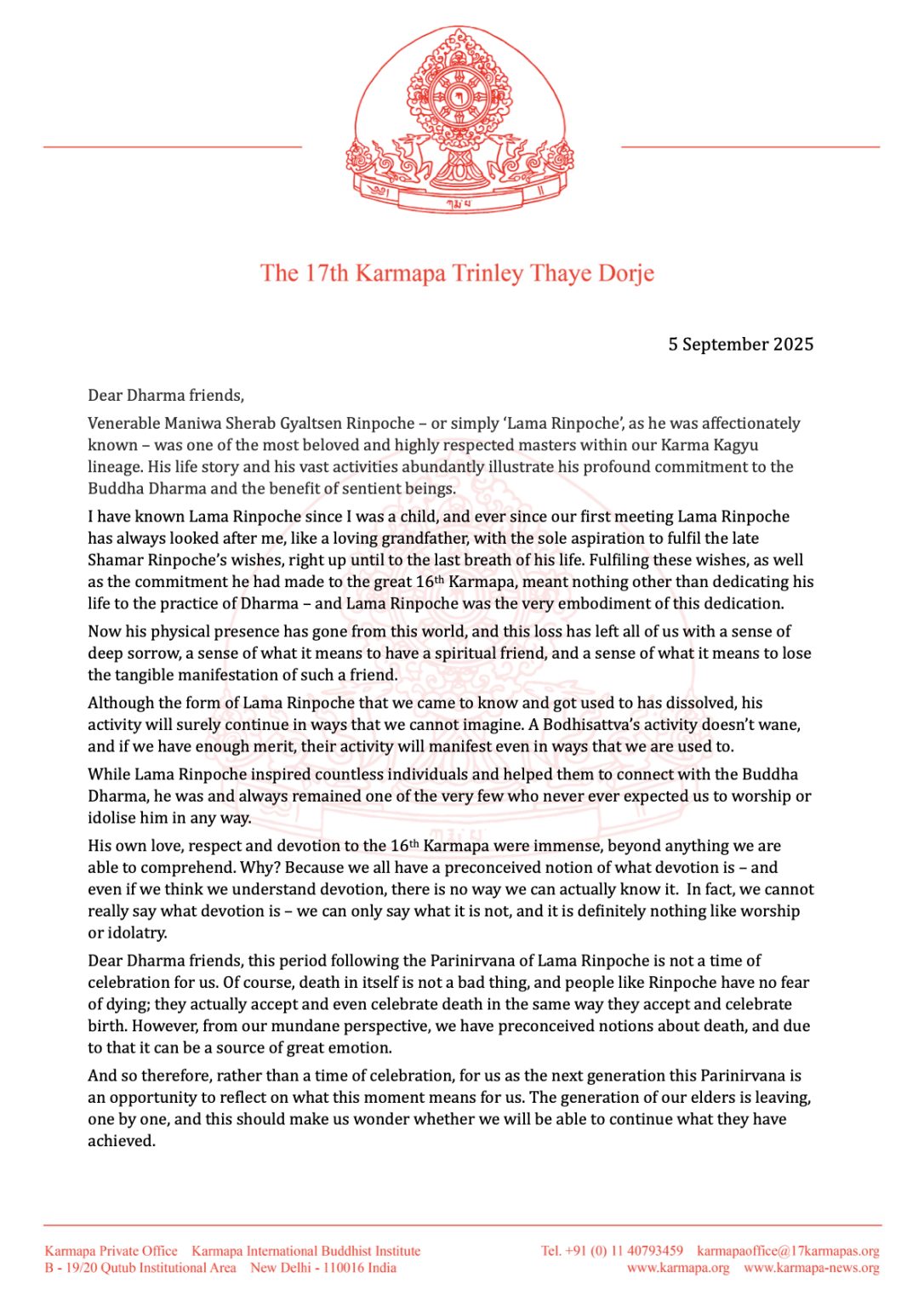 Karmapa's message on the Parinirvana of Maniwa Sherab Gyaltsen Rinpoche ...