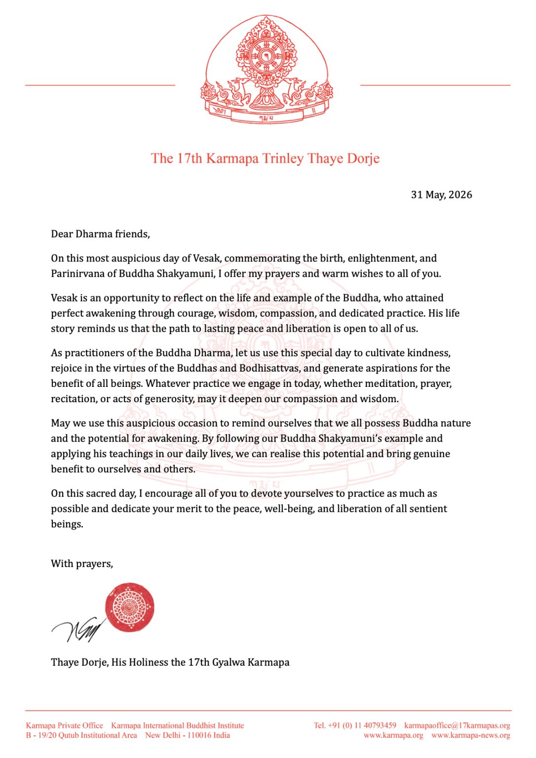 Karmapa’s message for Vesak 2026 - The 17th Karmapa: Official website ...